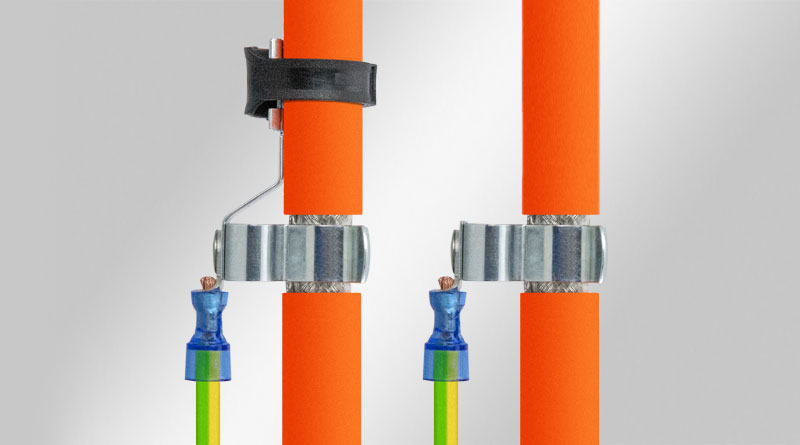 EMC shield clamps on cable lugs with or without integrated cable fixing ...